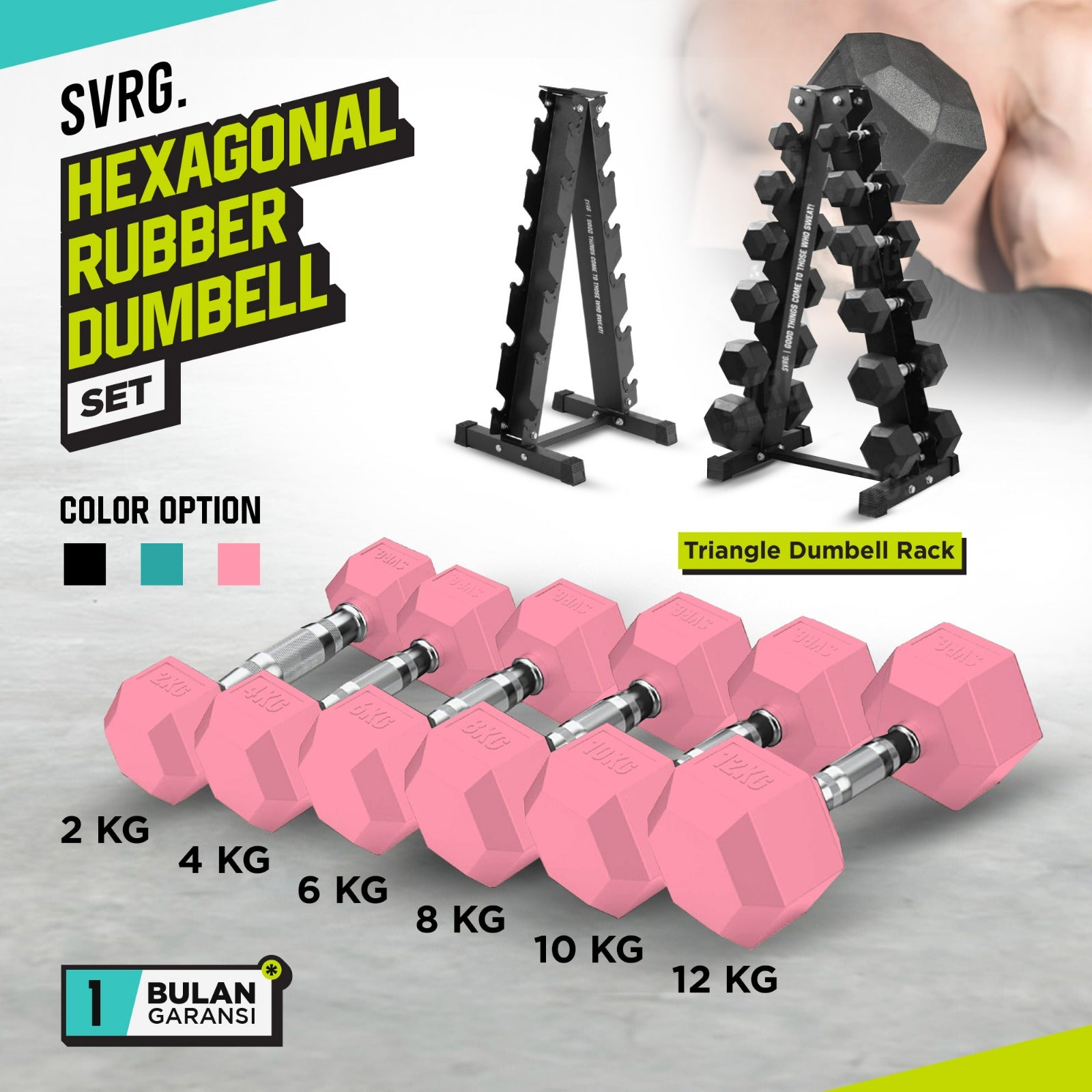 Paket Hexagonal Dumbbell Pink 84kg Satu Set dan Triangle Dumbbell Rack ...